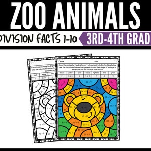 Zoo Animals Division Color by Number Worksheets | 3rd Grade and 4th ...