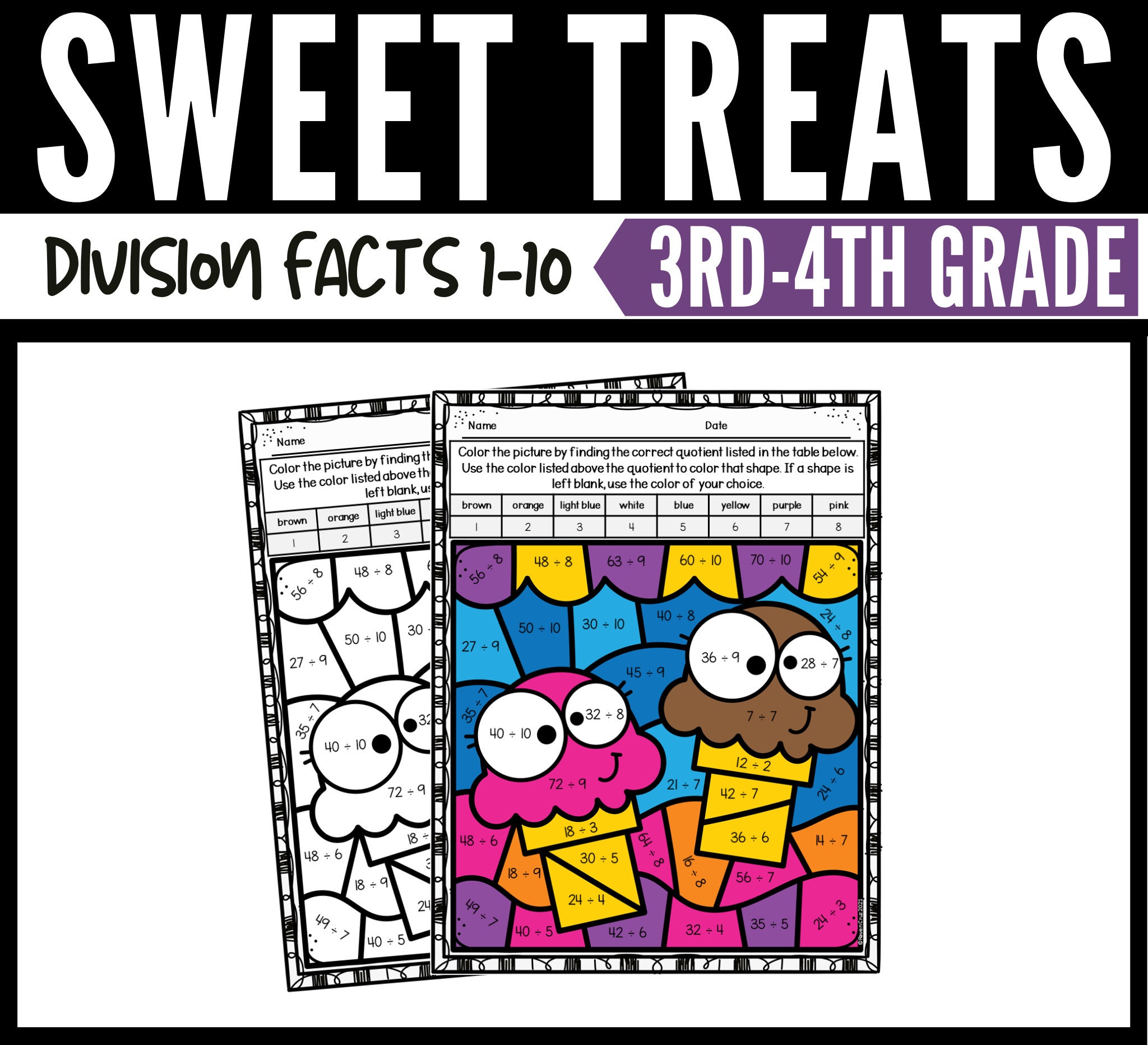 Sweet Treats Division Color by Number Worksheets 3rd Grade and 4th ...