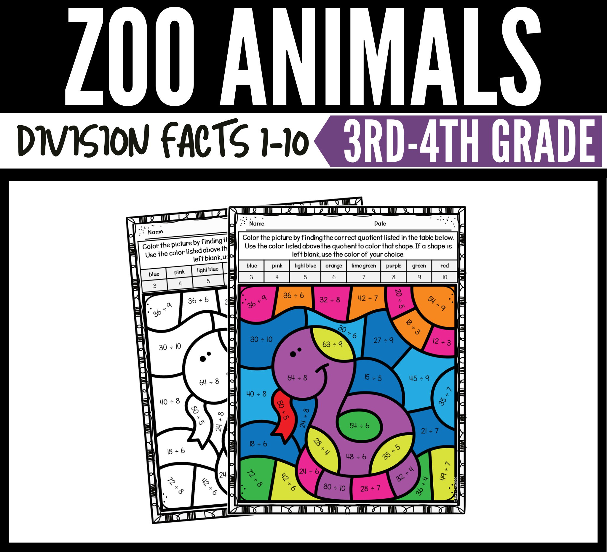 Zoo Animals Division Color by Number Worksheets 3rd Grade and 4th Grade ...