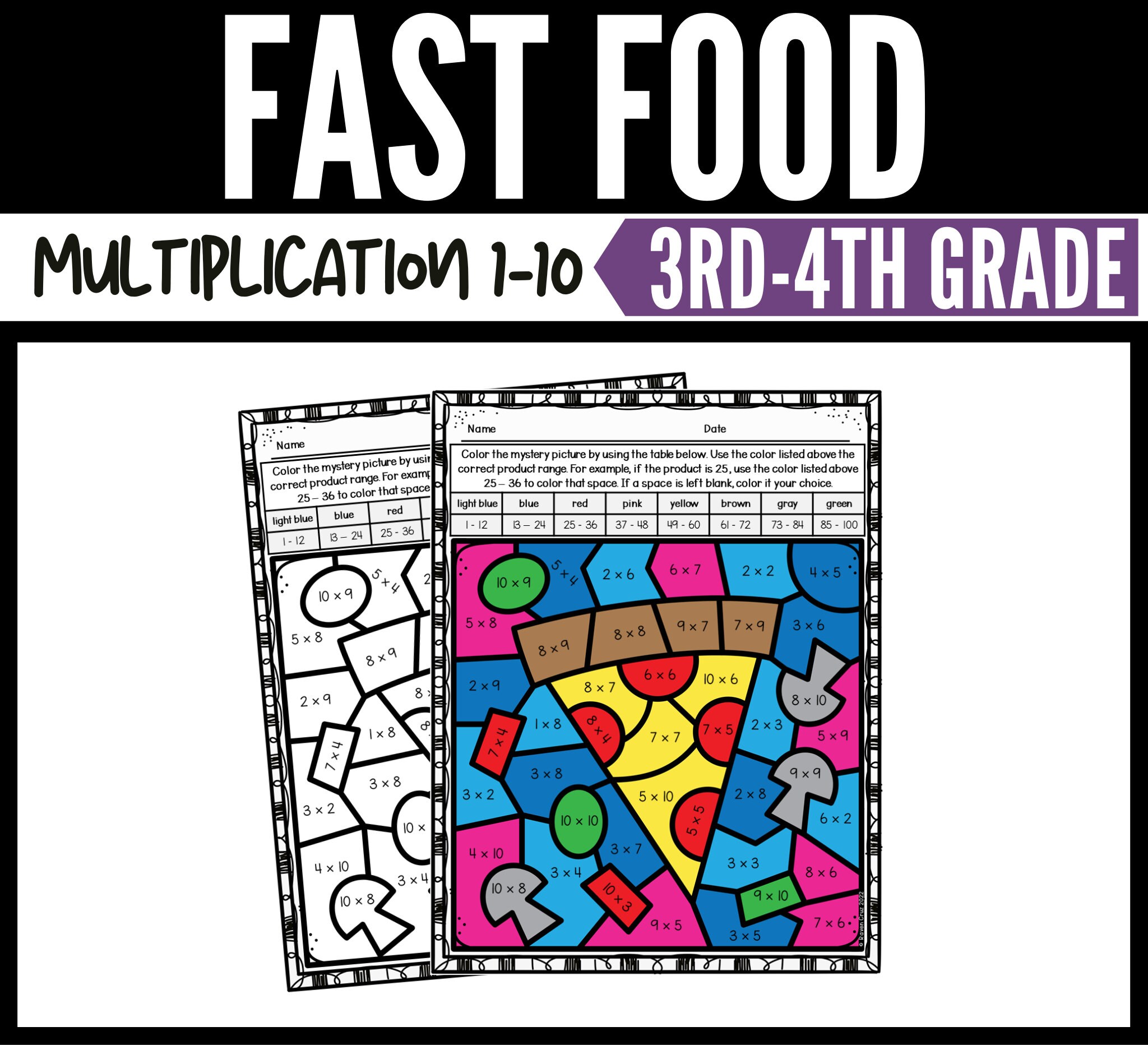 Fast Food Multiplication Color by Number Worksheets, 3rd Grade Math ...