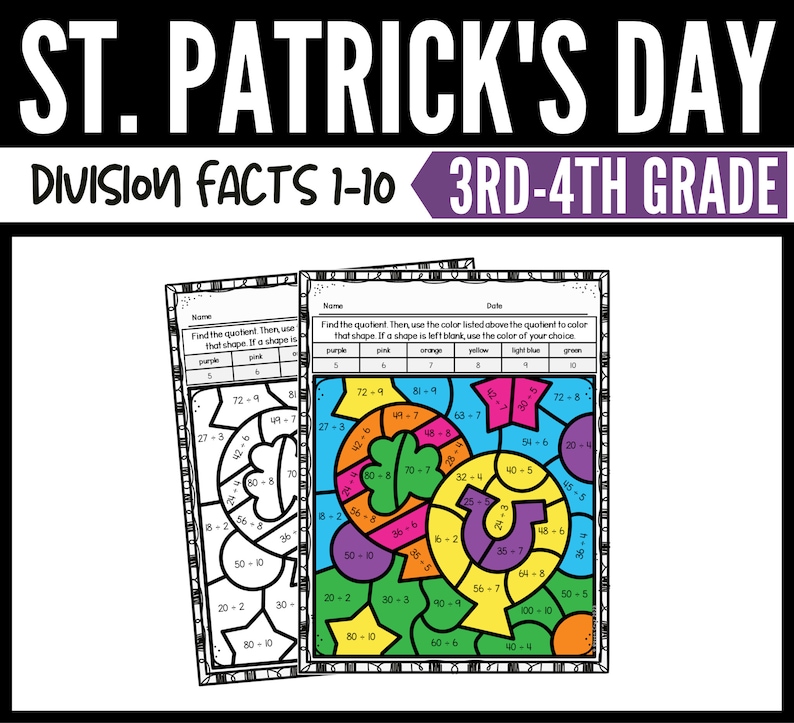 St. Patrick's Day Division Color by Number | 3rd-4th Grade (PDF) - Etsy