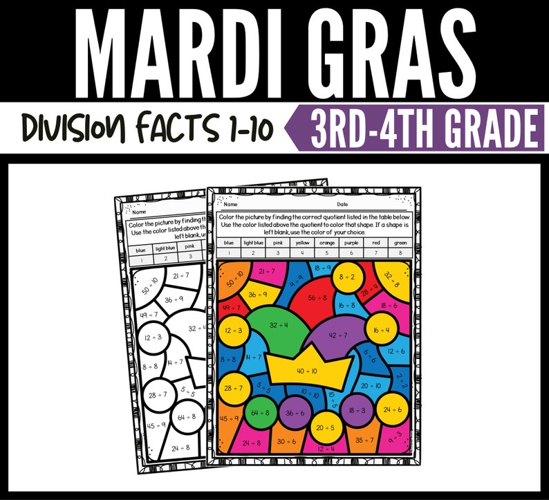 Mardi Gras Division Color by Number Worksheets for 3rd-grade and 4th ...