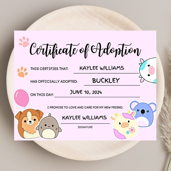 Stuffed Animal Adoption Certificate - Etsy