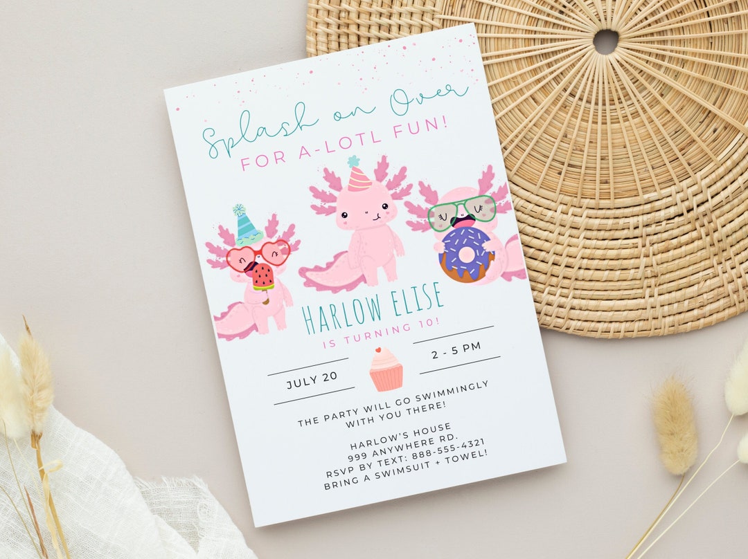 Axolotl Birthday Invitation, Digital Girls Birthday Invite, Pink, Fish ...