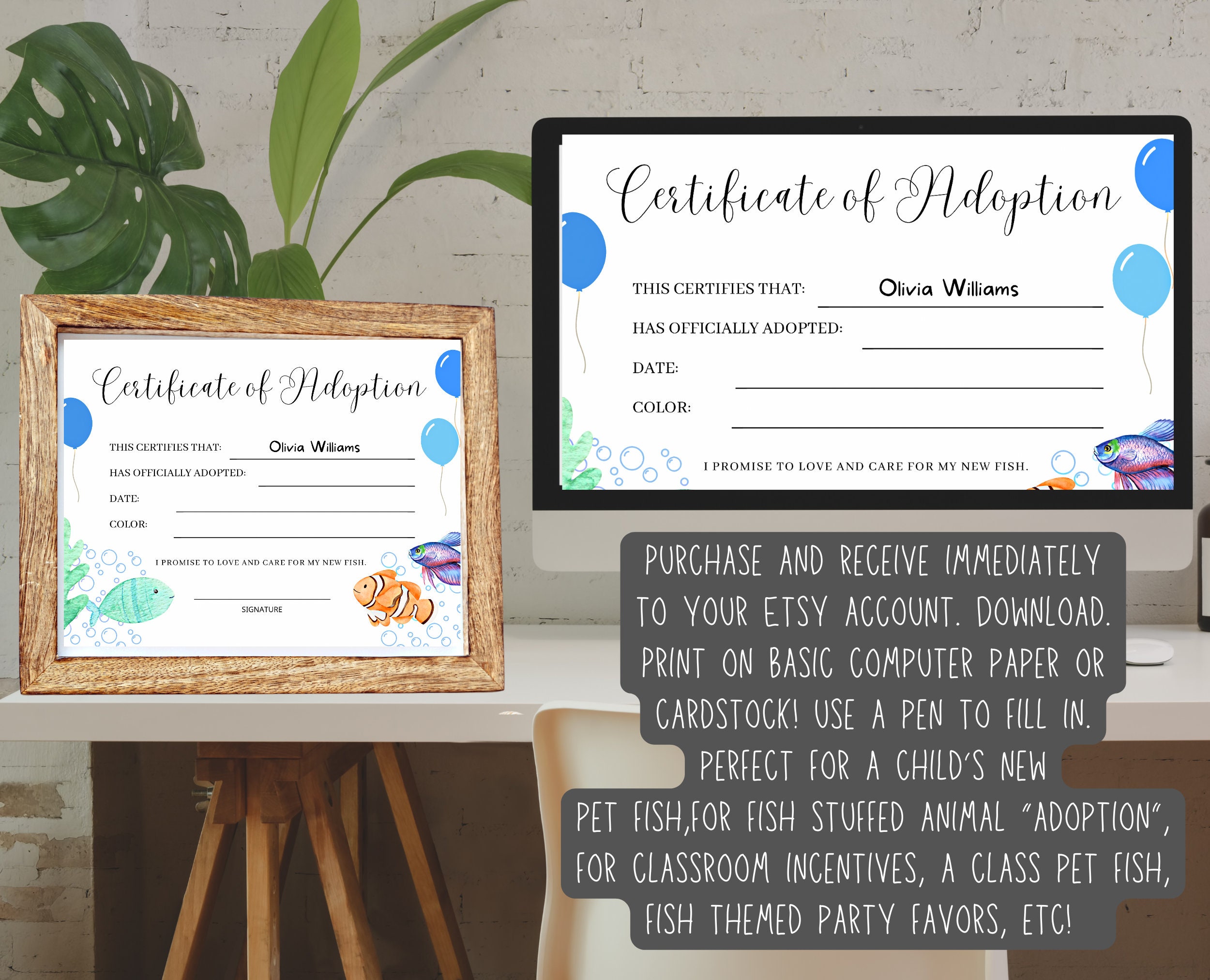 Pet Fish Adoption Certificate: Printable Party Favor - INSTANT Download ...