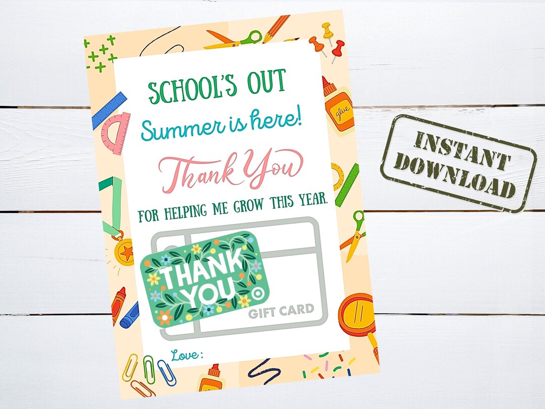 Teacher Thank You Card, INSTANT End of Year Digital Card for Gift Card ...