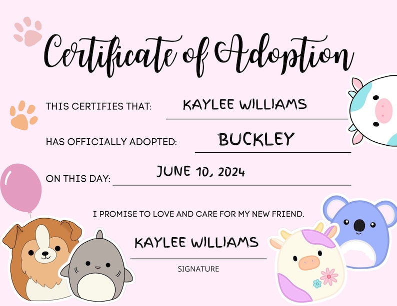 Plush Pet Adoption Certificate: Printable Squishy Animal Gift (instant ...