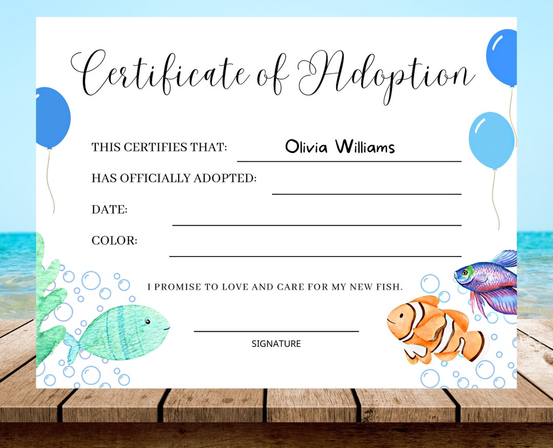 Pet Fish Adoption Certificate Instant Download Fish Themed - Etsy