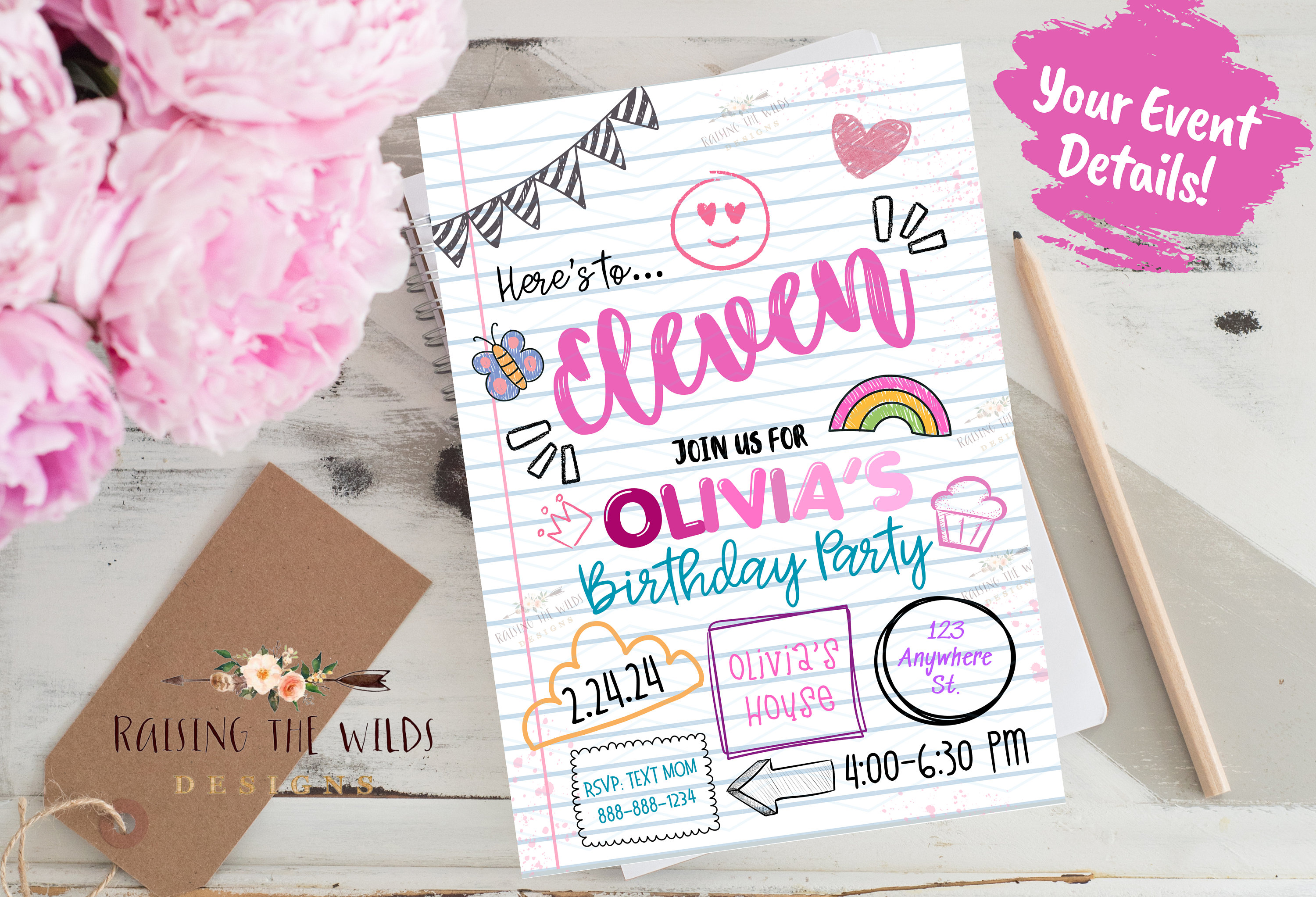 Notebook Doodles Invitation, Digital Invite, Cute Birthday Party Invite ...