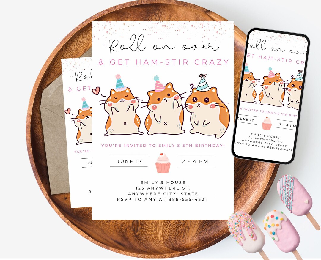 Hamster Birthday Invitation, Digital White Pink Birthday Party, Minimal ...