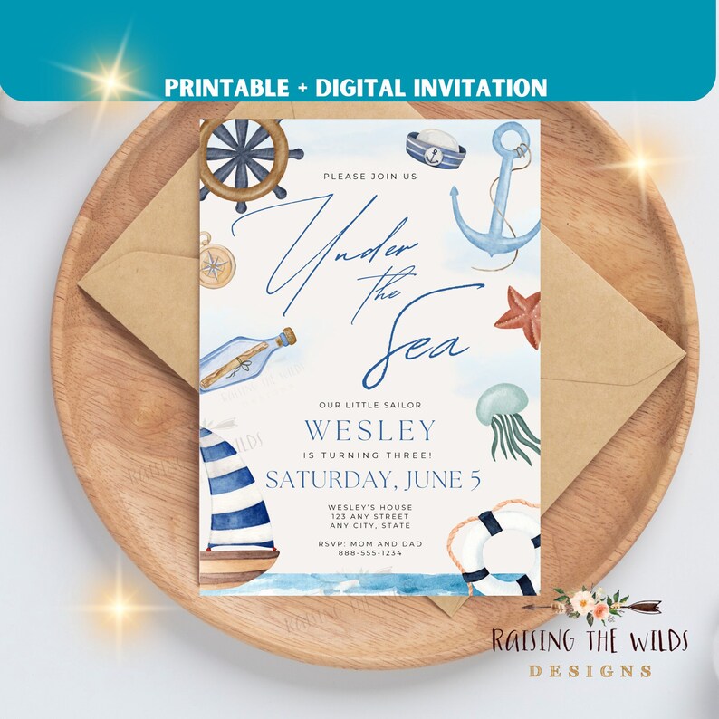 Sailor Invitation, Boy Birthday Invite, Digital Invite, Under the Sea ...