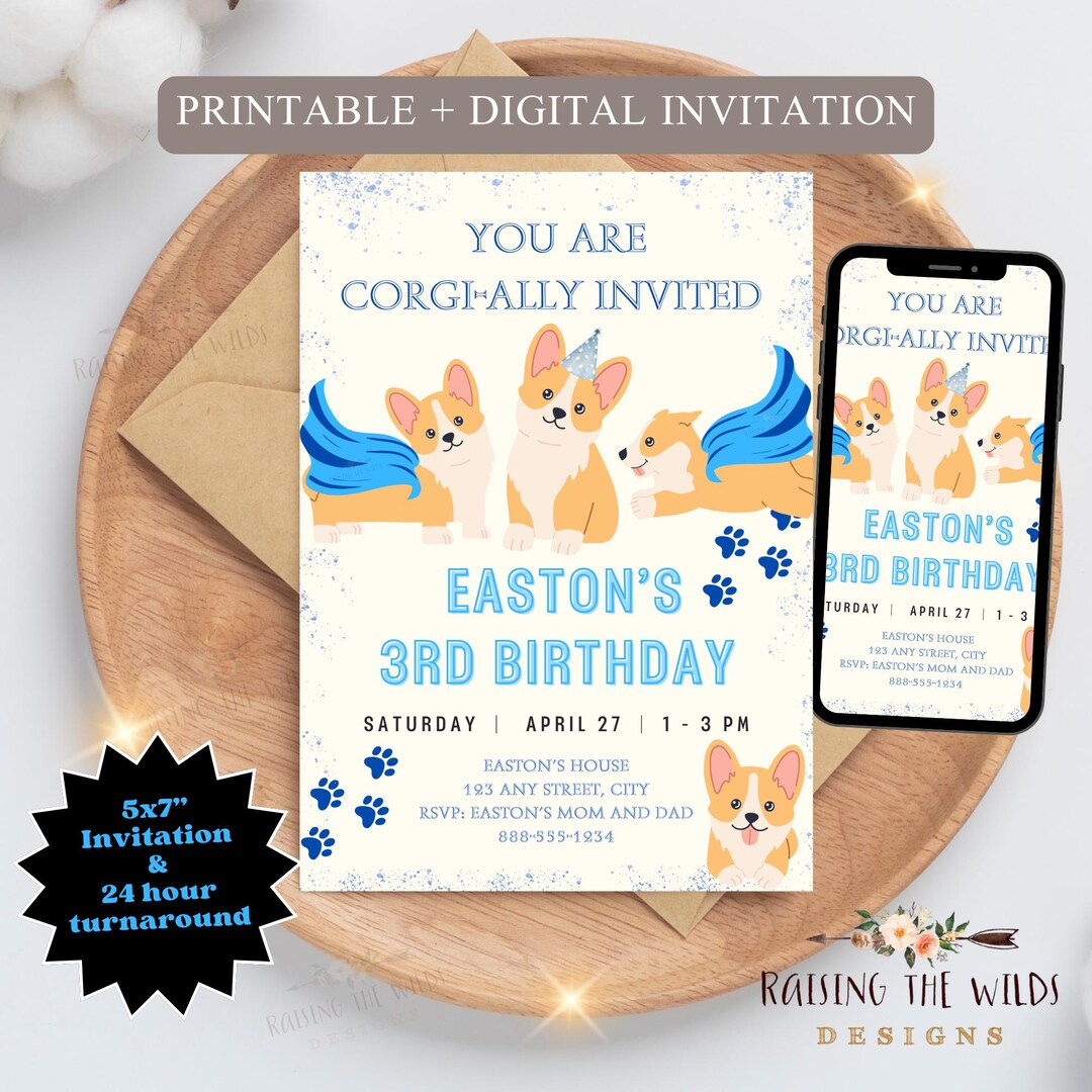 Corgi Birthday Invitation for Boys, Puppy Party Printable, Dog Birthday ...