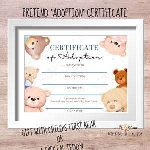 Teddy Adoption Certificate, Pretend, Instant Download, Teddy Bear ...
