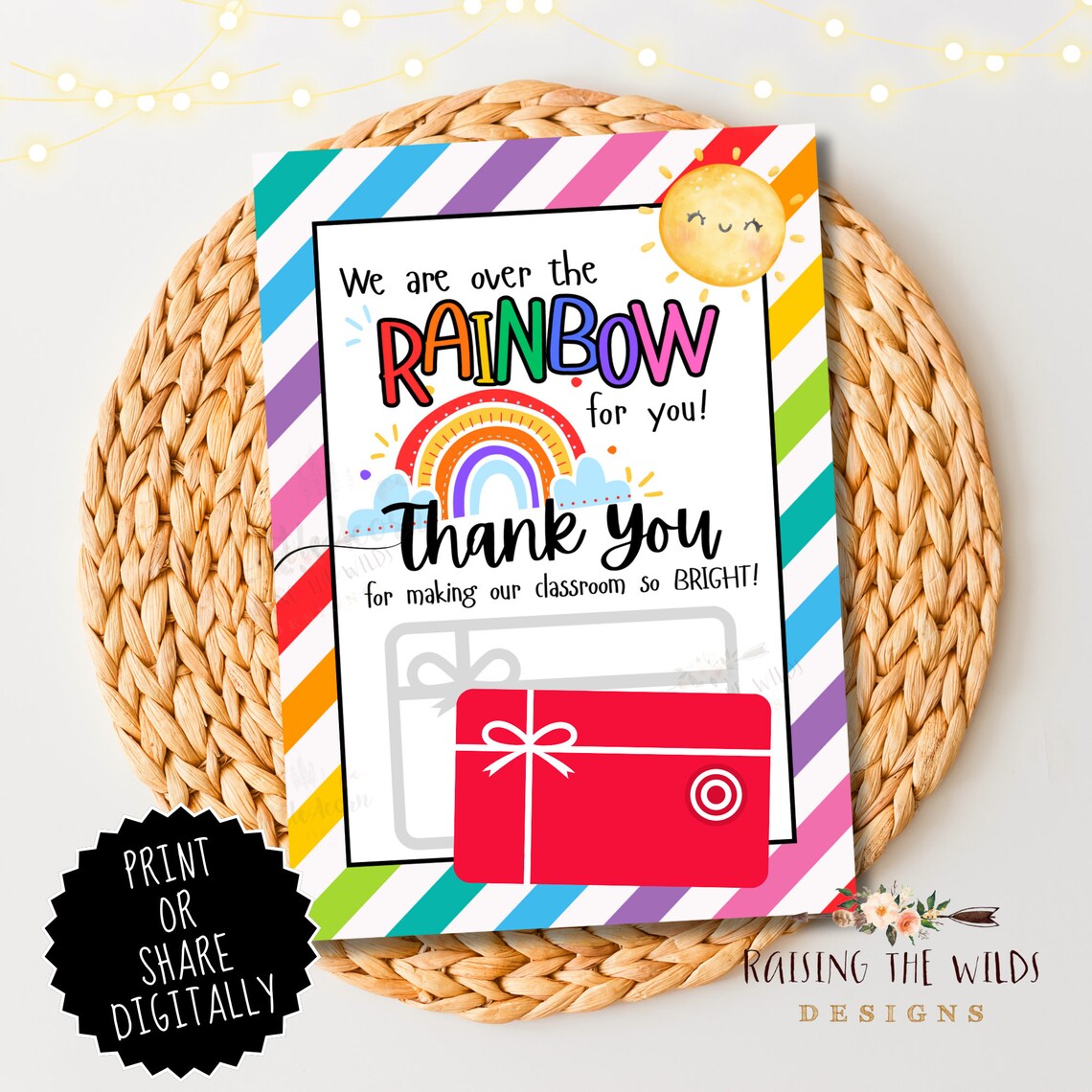 Teacher Thank You Card | Rainbow Printable Gift Card Holder | Over the ...