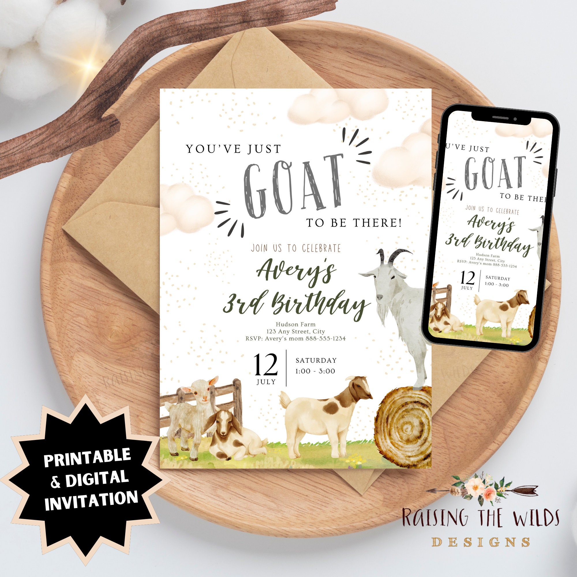 Goat Birthday Party Invitation: Farm Animals, Printable & Textable ...