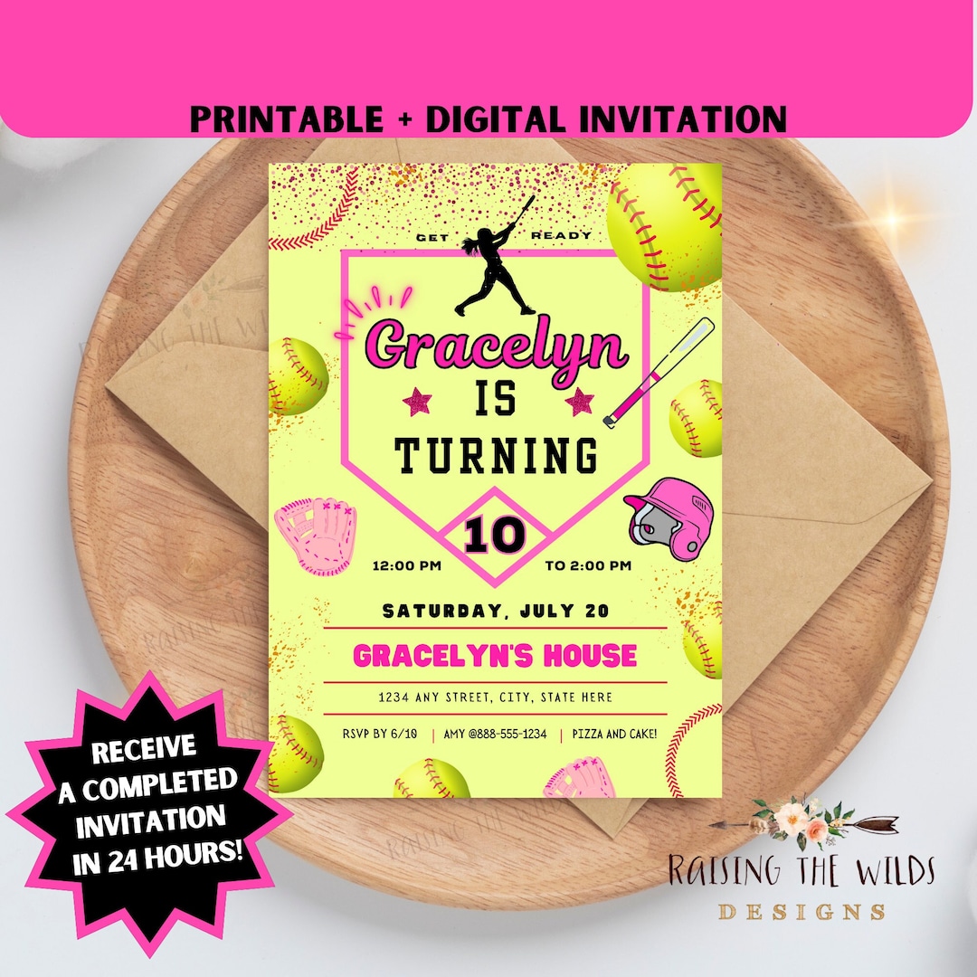Softball Birthday Invitation Girl | Personalized Sports Party Invite ...