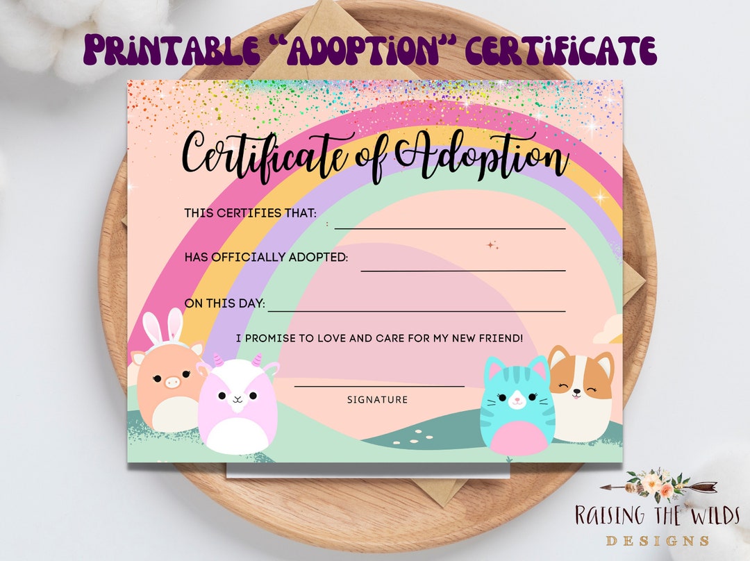 Squishy Adoption Certificate: Rainbow Stuffed Animal Gift (printable ...