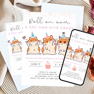Hamster Birthday Invitation, Digital White Pink Birthday Party, Minimal ...