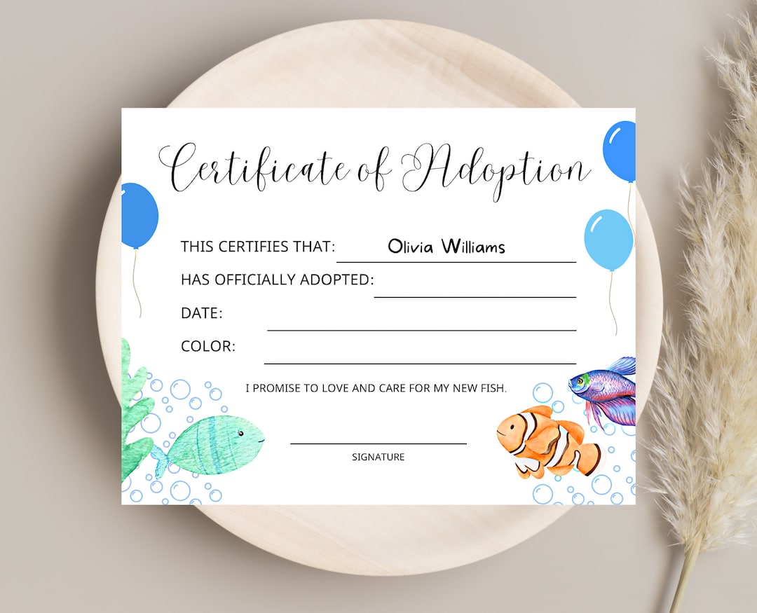 Fish Adoption Certificate, Instant Download, Printable, Pet Fish, Fish ...