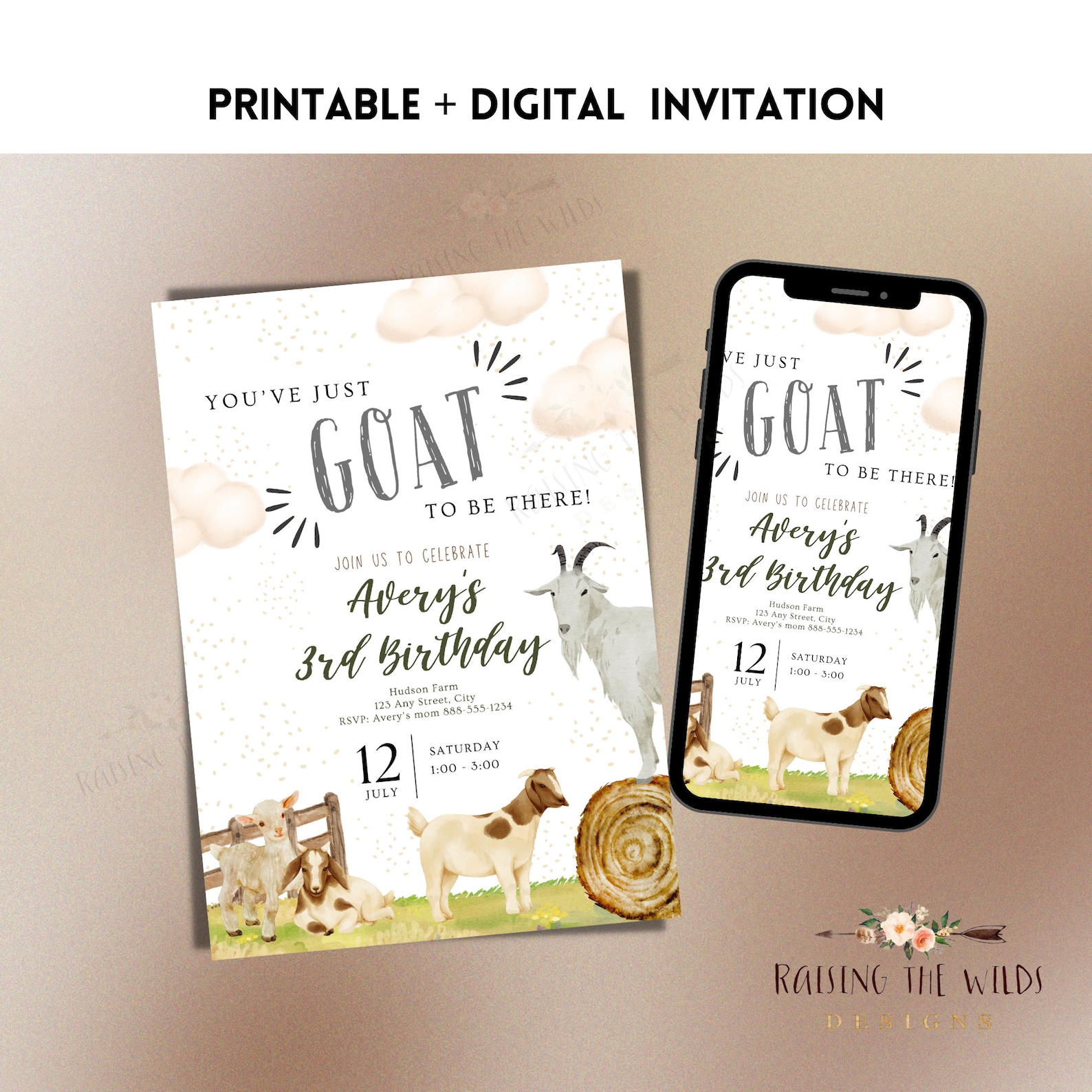 Goat Invitation Digital Invite, Printable, Textable, Goats Goat ...