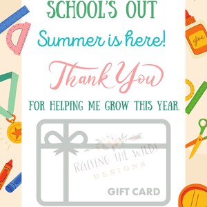 Teacher Thank You Card, INSTANT End of Year Digital Card for Gift Card ...