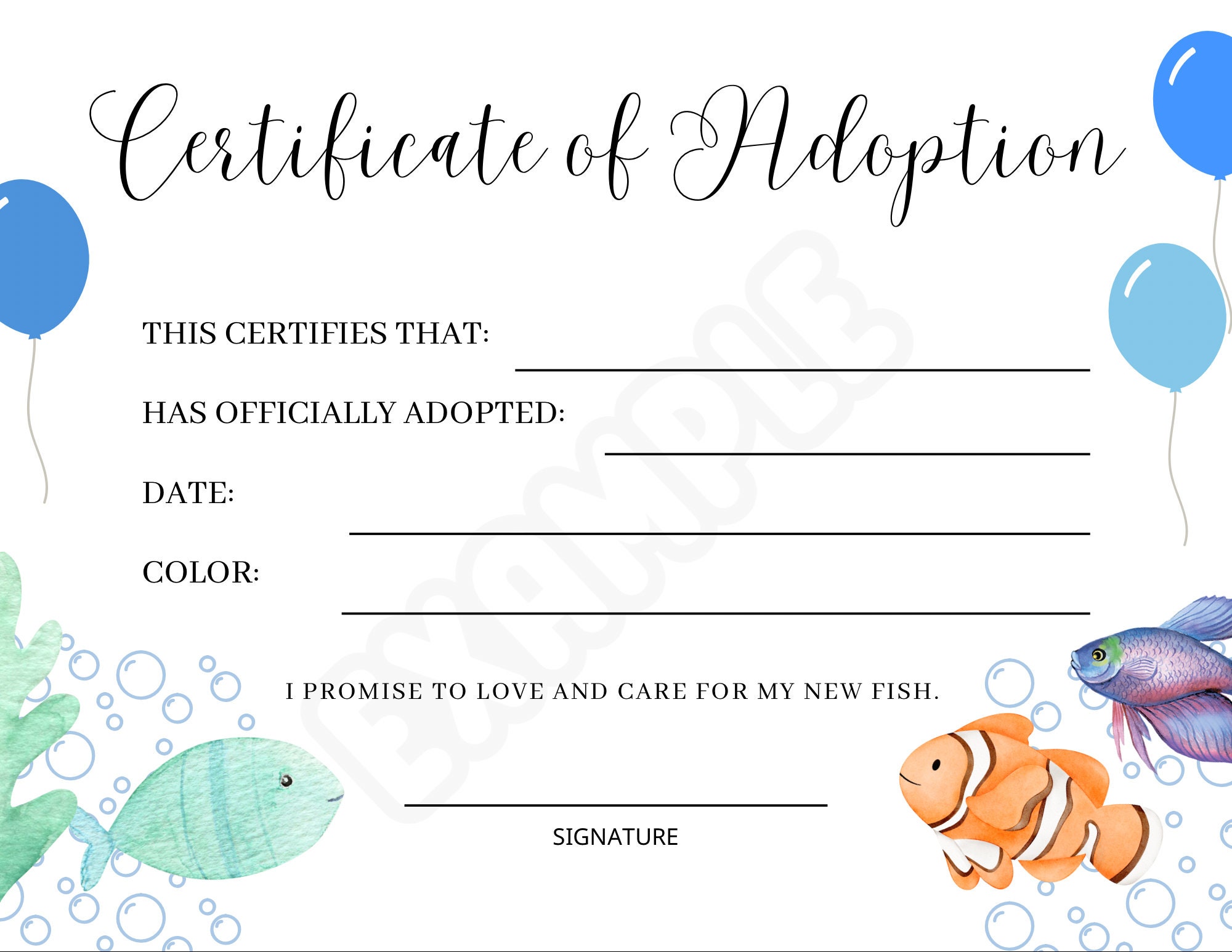 Pet Fish Adoption Certificate, Instant Download, Printable, Fish Party ...