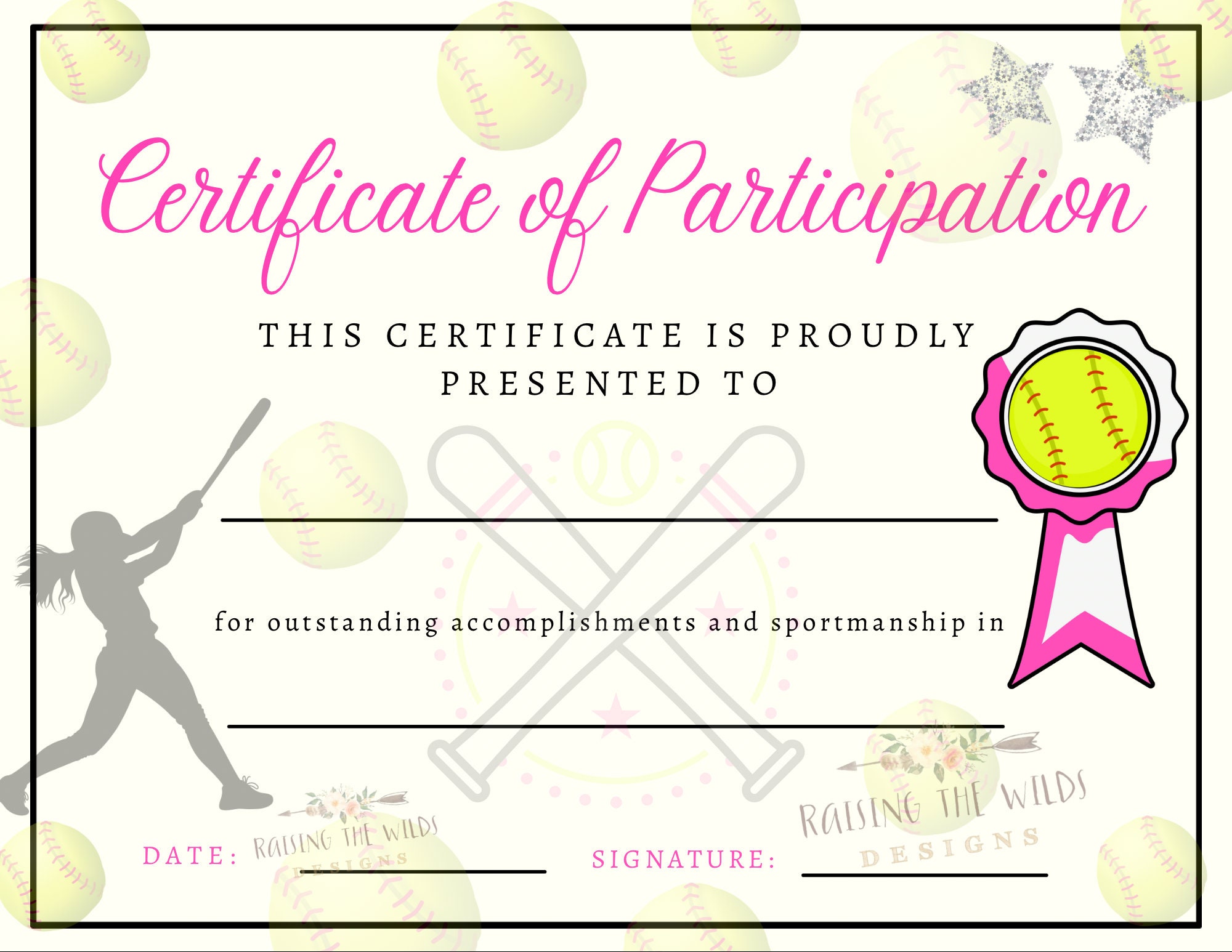 Softball Certificate: Team Participation Award (instant Download) - Etsy