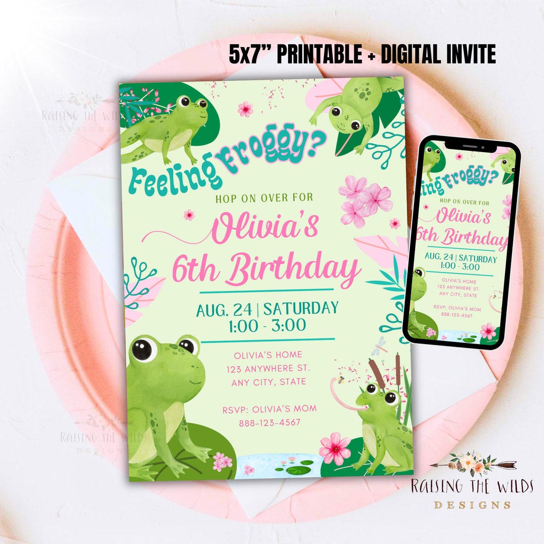 Frog Invitation | Digital Invite, Girls Frog Birthday Party, Girl Frog ...