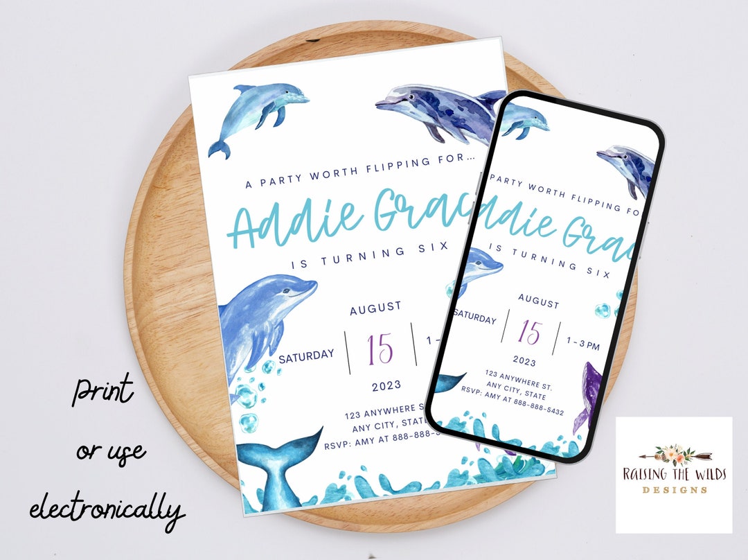 Dolphin Birthday Invite, Under the Sea, Digital Invite, Girls Birthday ...