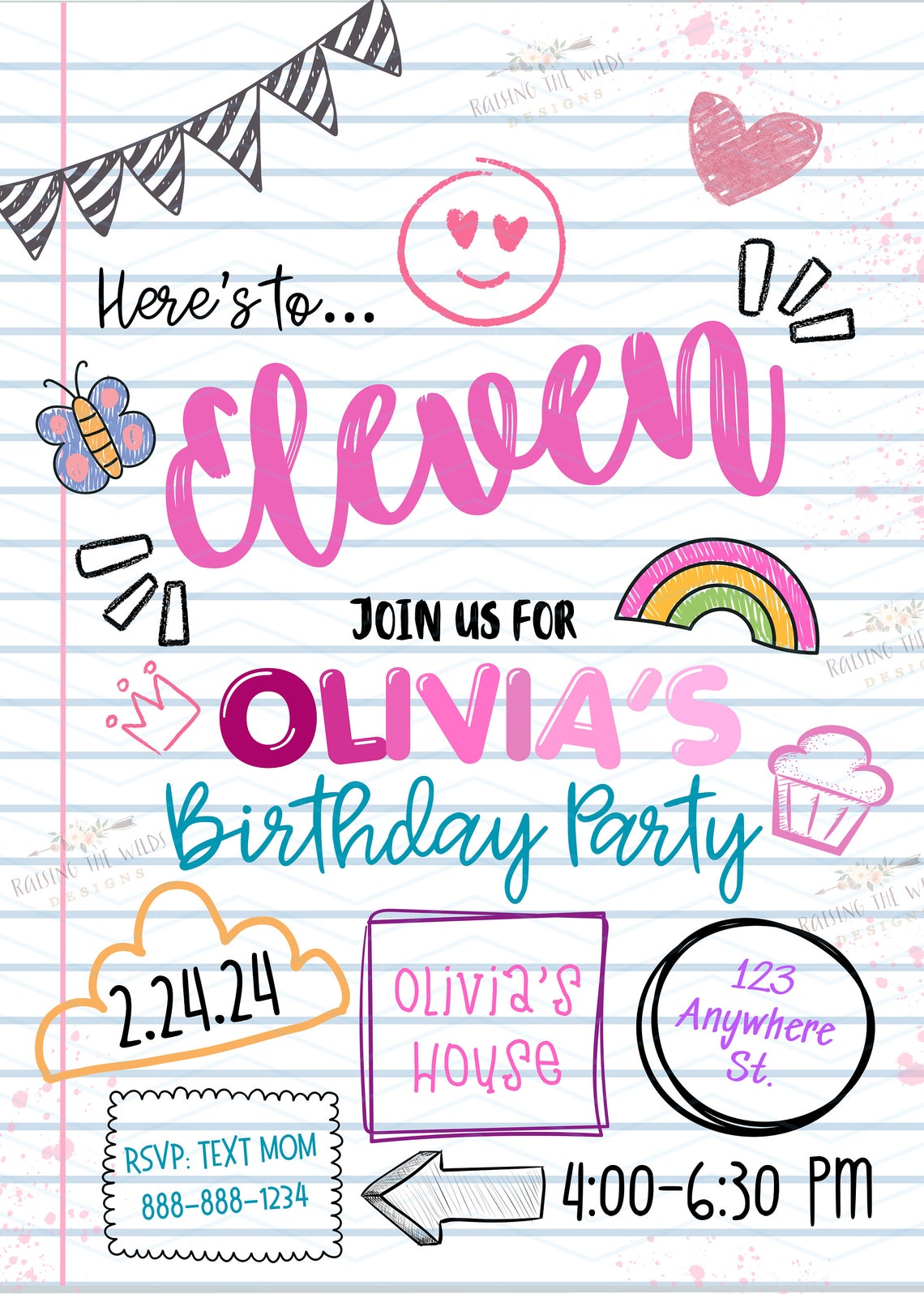 Notebook Doodles Invitation, Digital Invite, Cute Birthday Party Invite ...