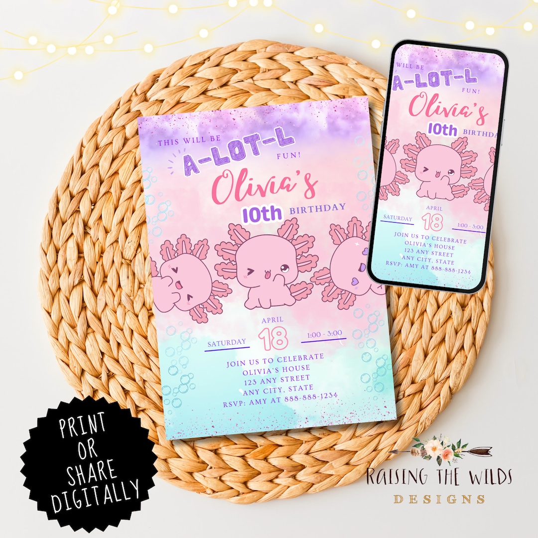 Invitación de cumpleaños de Axolotl, invitación de cumpleaños de niñas ...