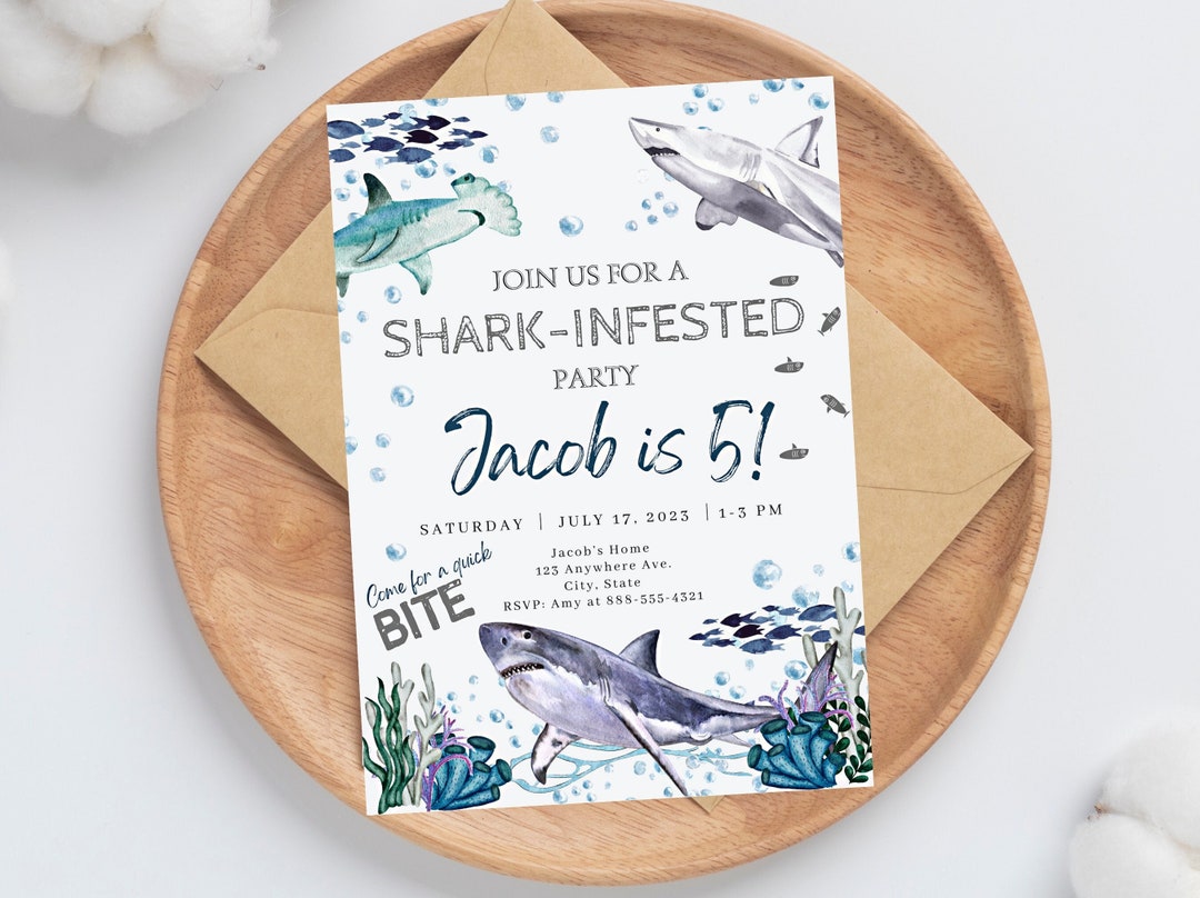 Shark Birthday Invitation, Digital Invite, Sharks, Shark Bite ...