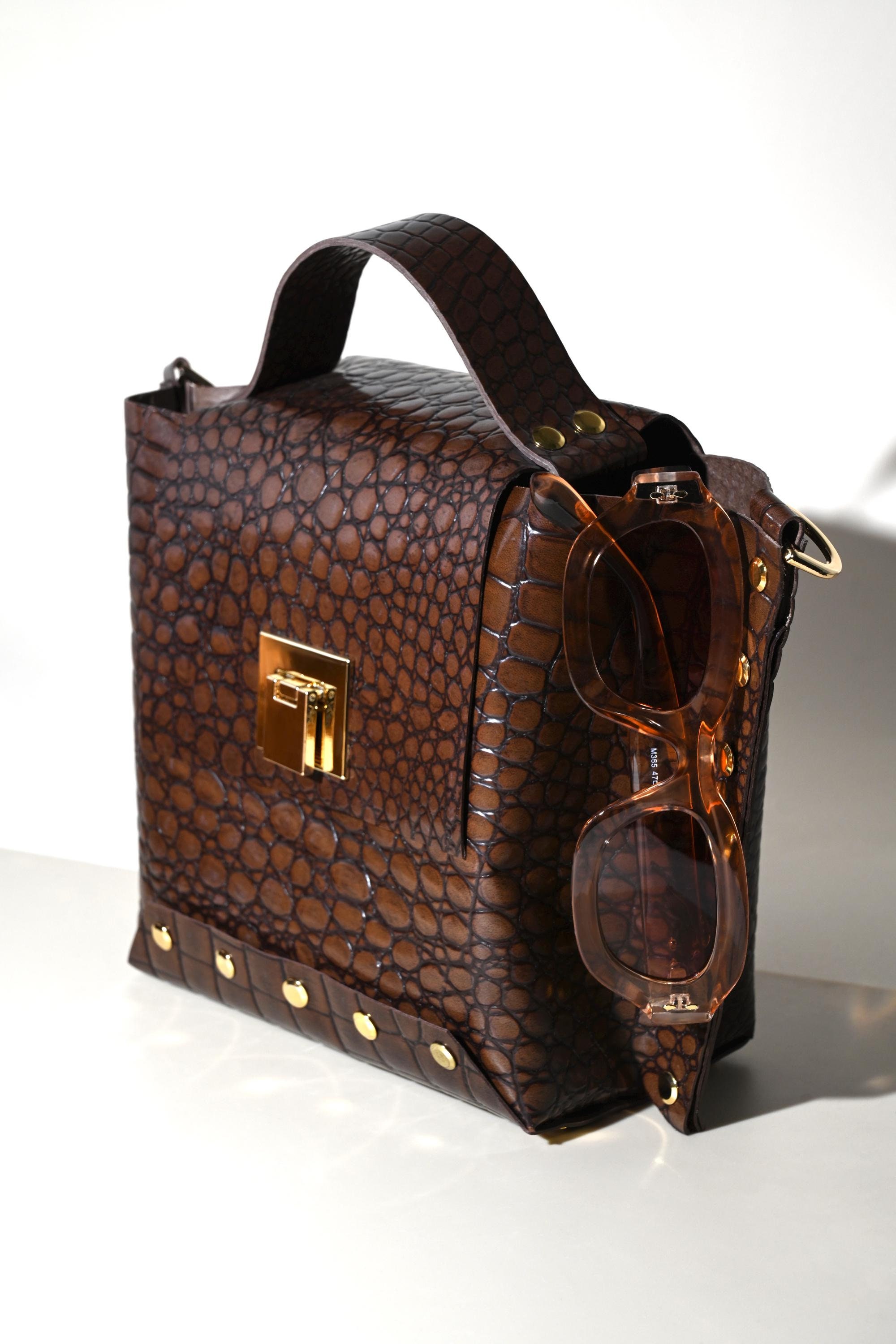 Handcrafted Crocodile Embossed Leather Bag With Gold Accents Unique and ...