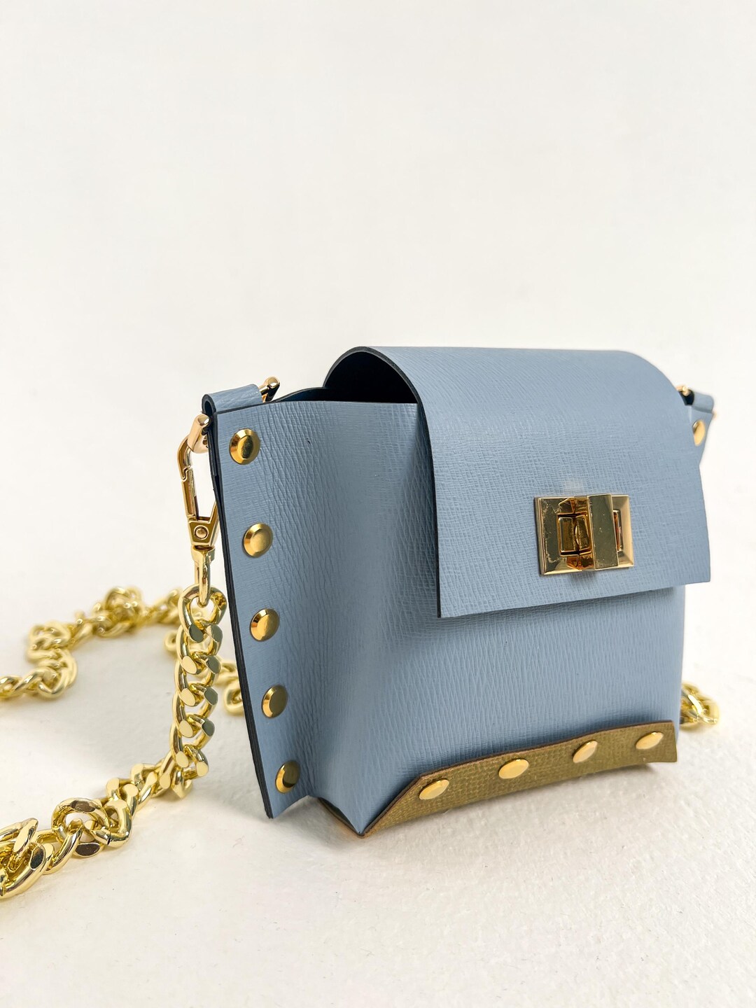 Mini Light Blue Leather Handbag Gold Croc-embossed Bottom Gold Chain ...