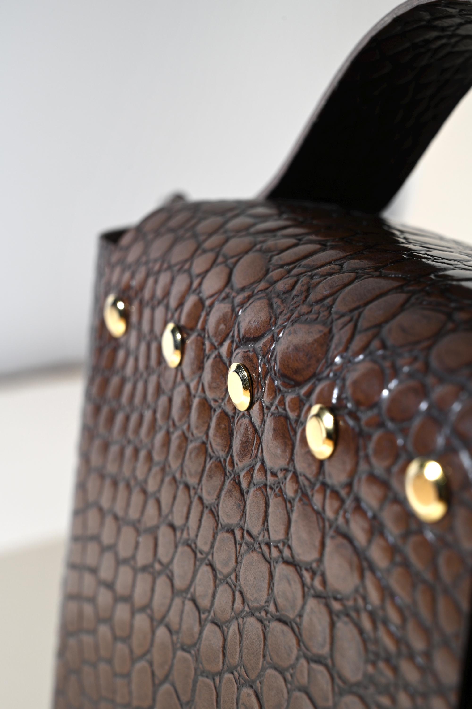 Handcrafted Crocodile Embossed Leather Bag With Gold Accents Unique and ...