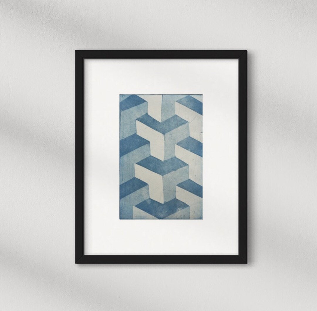 Etching Kubus Limited 3D Minimalist Art Geometry Cube Blue, Handprinted ...