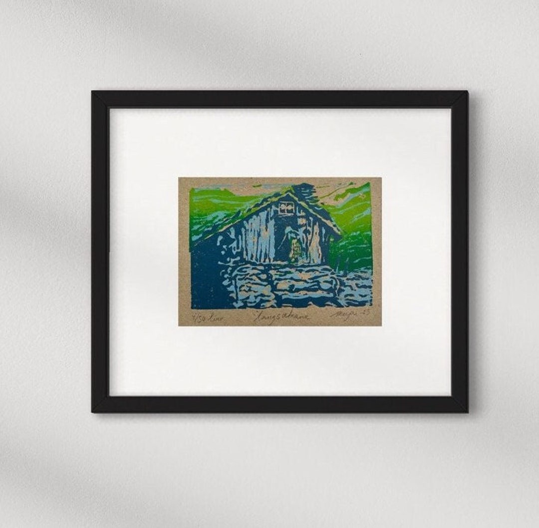 Linocut Card Traditional Cabin Norway Original Handprinted Gift Idea ...