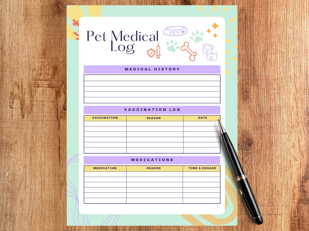 Pet Medical Log Printable Dog Vaccination Tracker Cute Pet Medication ...