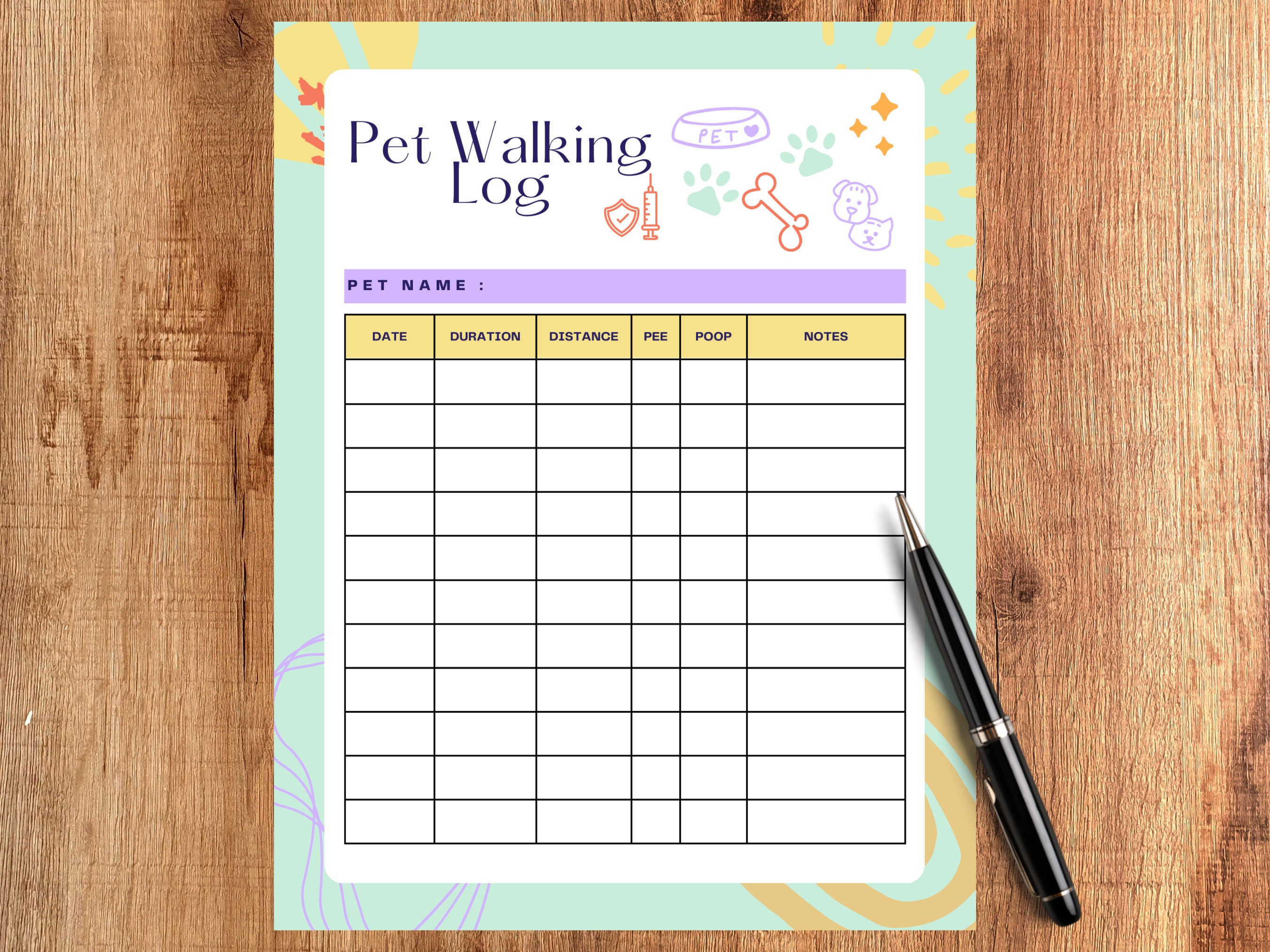Pet Walking Log Printable Cute Dog Walking Tracker Pet Health Journal ...