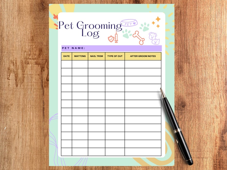 Pet Grooming Log Printable Dog Grooming Tracker Cute Pet Grooming ...