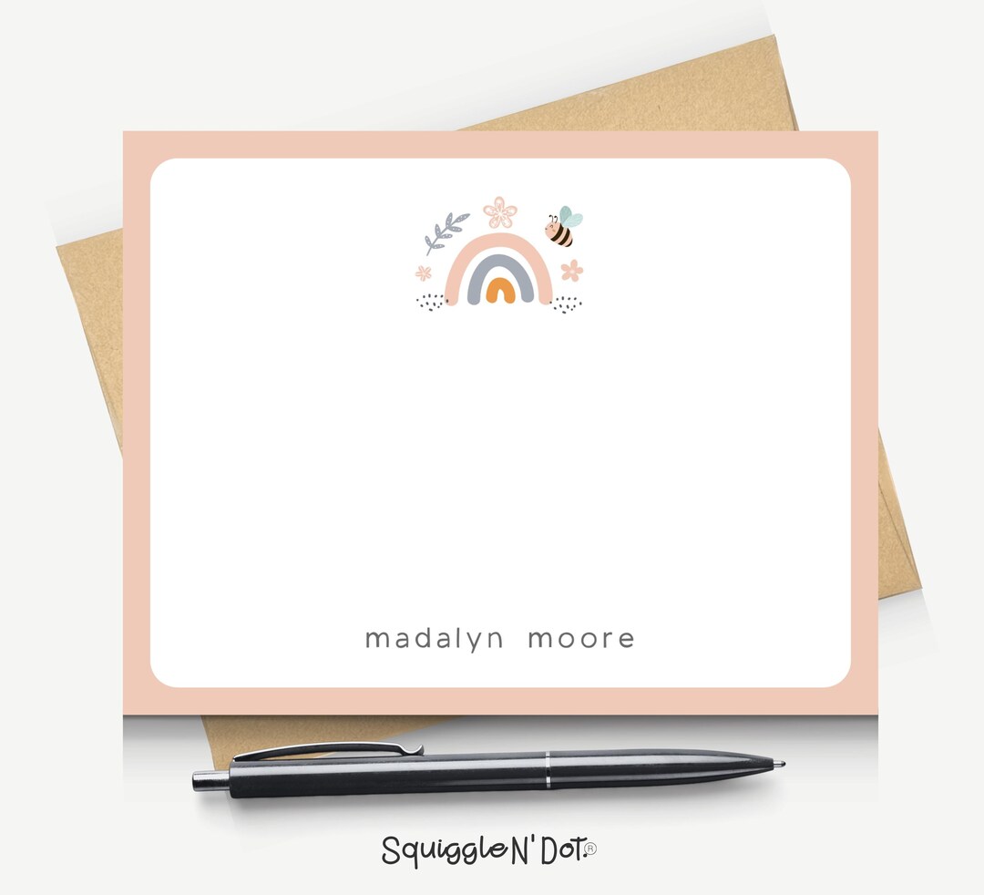 Personalized Rainbow Bee Notecards - Cute Boho Floral Stationery for ...