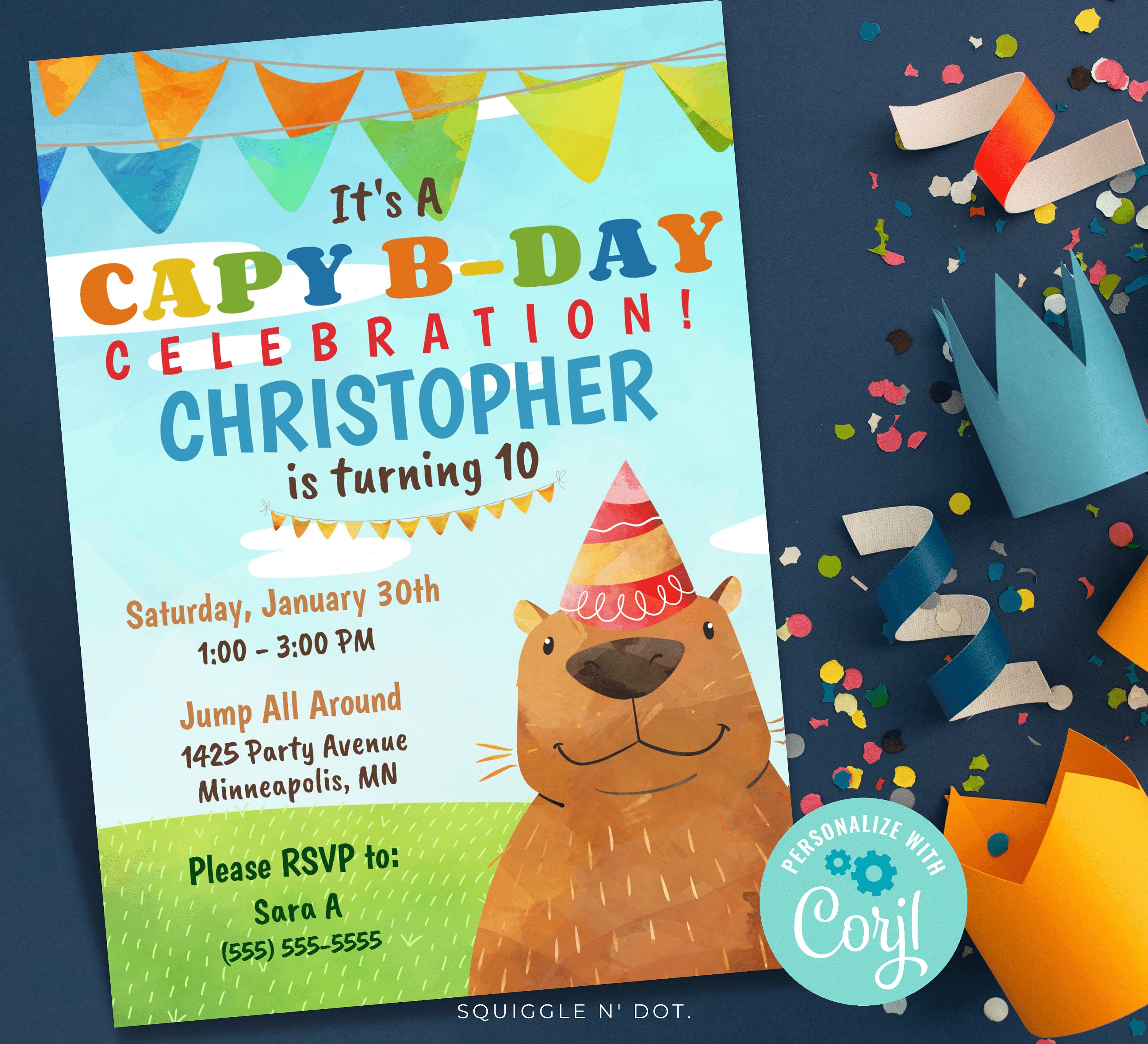 Printable Capybara Birthday Invitation With Coordinating Thank - Etsy
