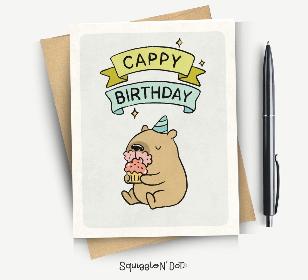 Cappy Birthday Card – Cute Capybara Greeting Card With Cupcake | Funny ...