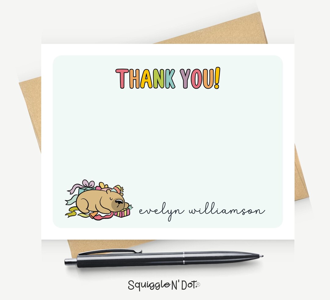 Capybara Thank You Cards – Personalized Flat Notecards for Kids ...