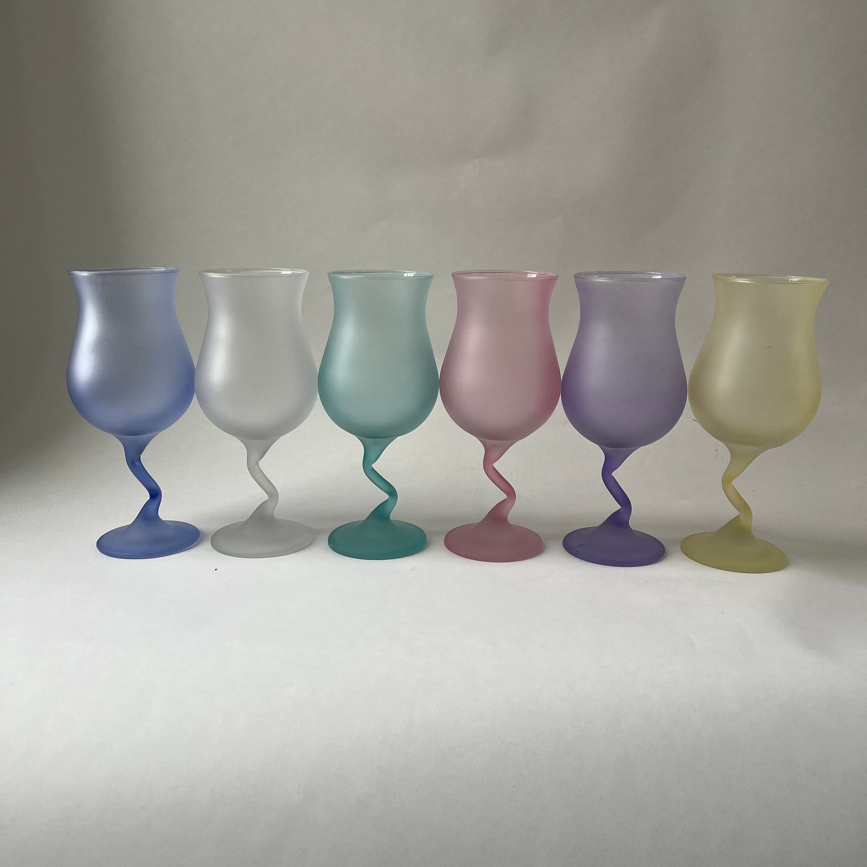 6 Libbey Wine Glass Z Stem 90s Vintage Pastel Colors Frosted Tulip ...