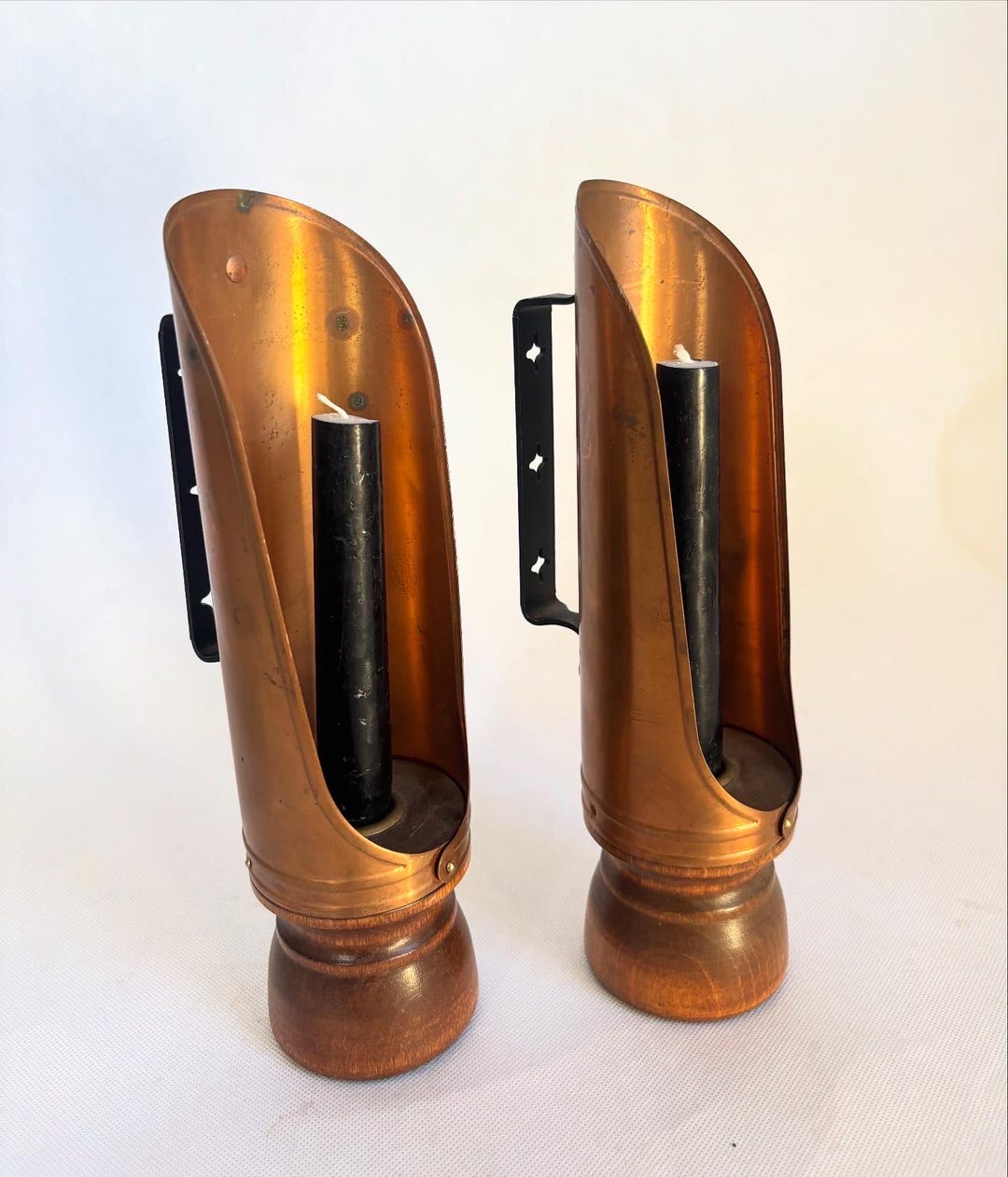 Pair of Vintage Copper Shield Chamber Candle Stick Holder Wood Base ...