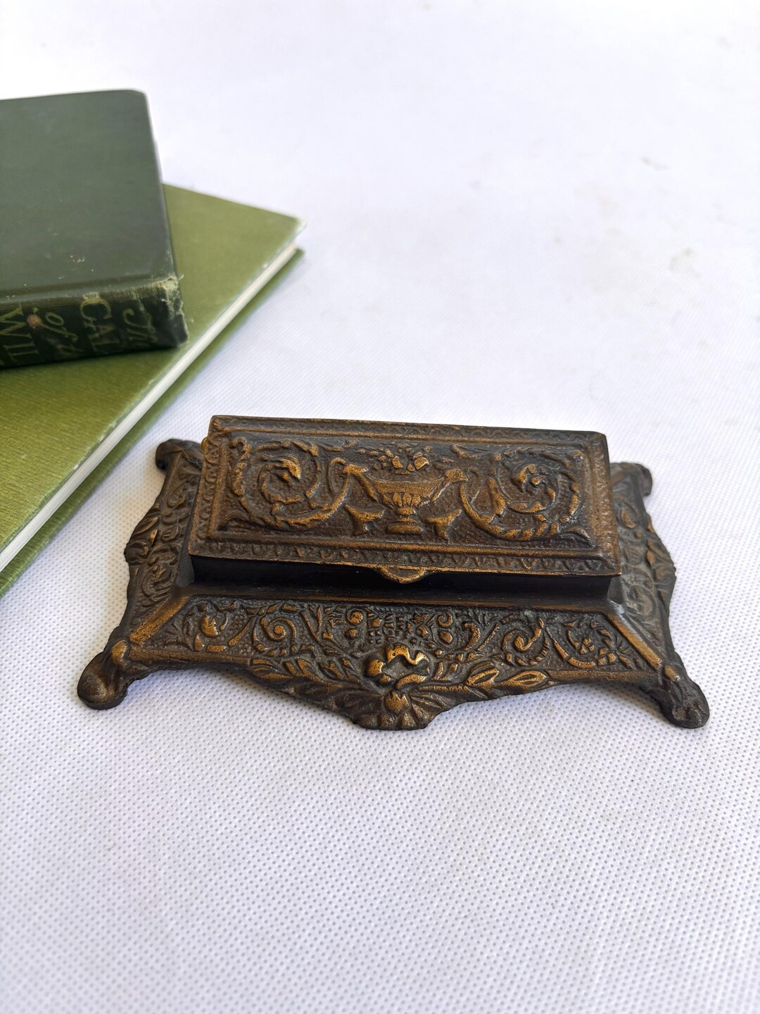 Antique Cast Brass Stamp Box / Desk Inkwell, Footed, 3 Compartment ...