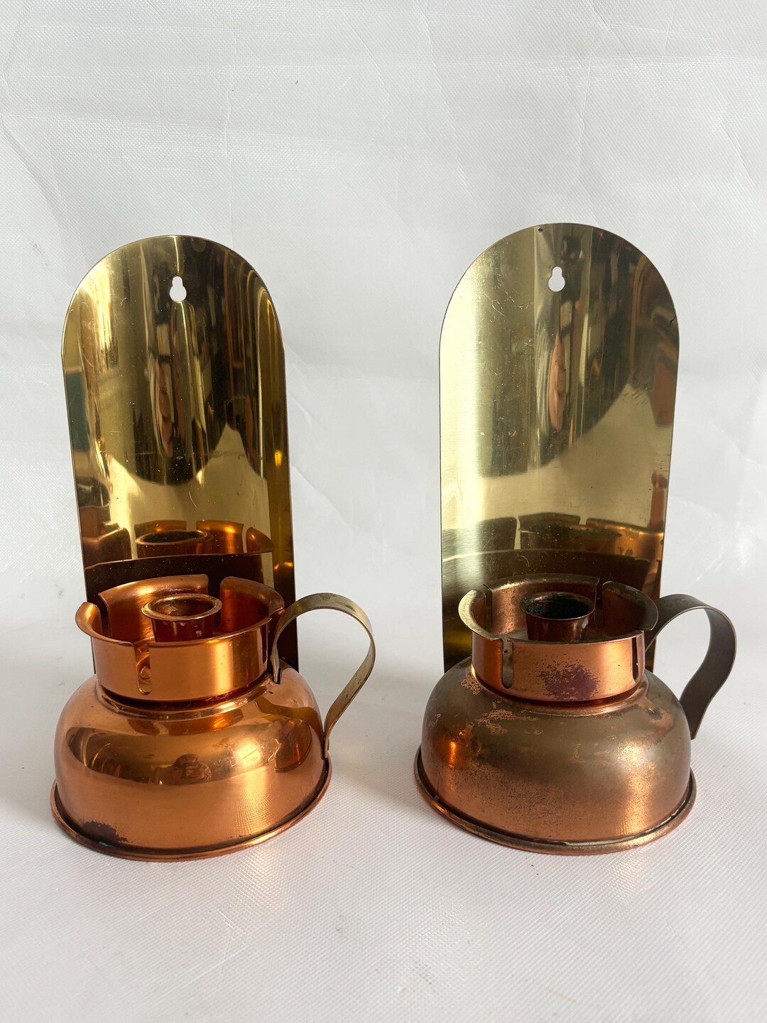 Pair of Vintage Copper and Brass Shield Chamber Candlestick Holders ...