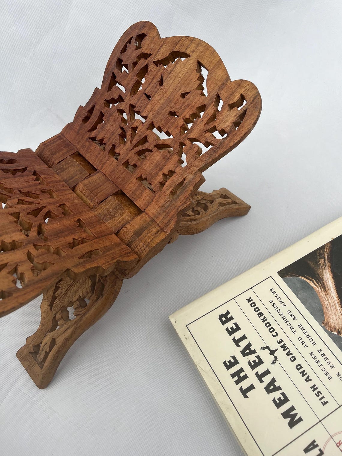 Vintage Ornate Hand-carved Wood Collapsible Book Rack / Recipe Book ...