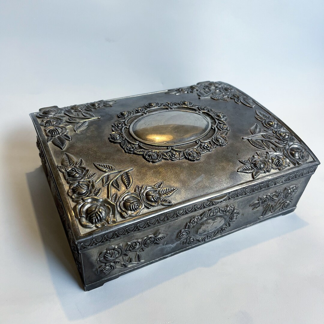 Vintage Godinger Jewelry Box Art Nouveau Floral Silver Plated With Red ...